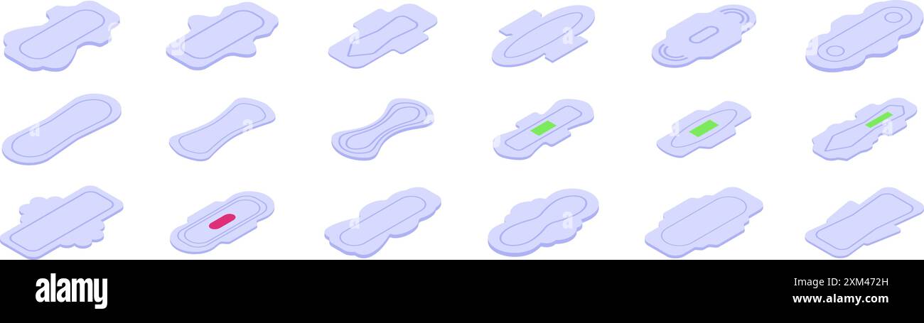 Sanitary napkins icons set. Set of sanitary pads with wings isometric ...