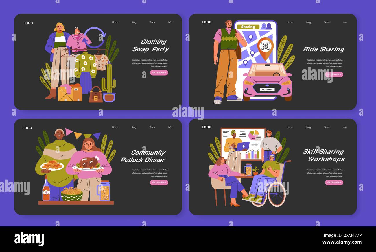 Illustrations of community events like clothing swap party, ride ...