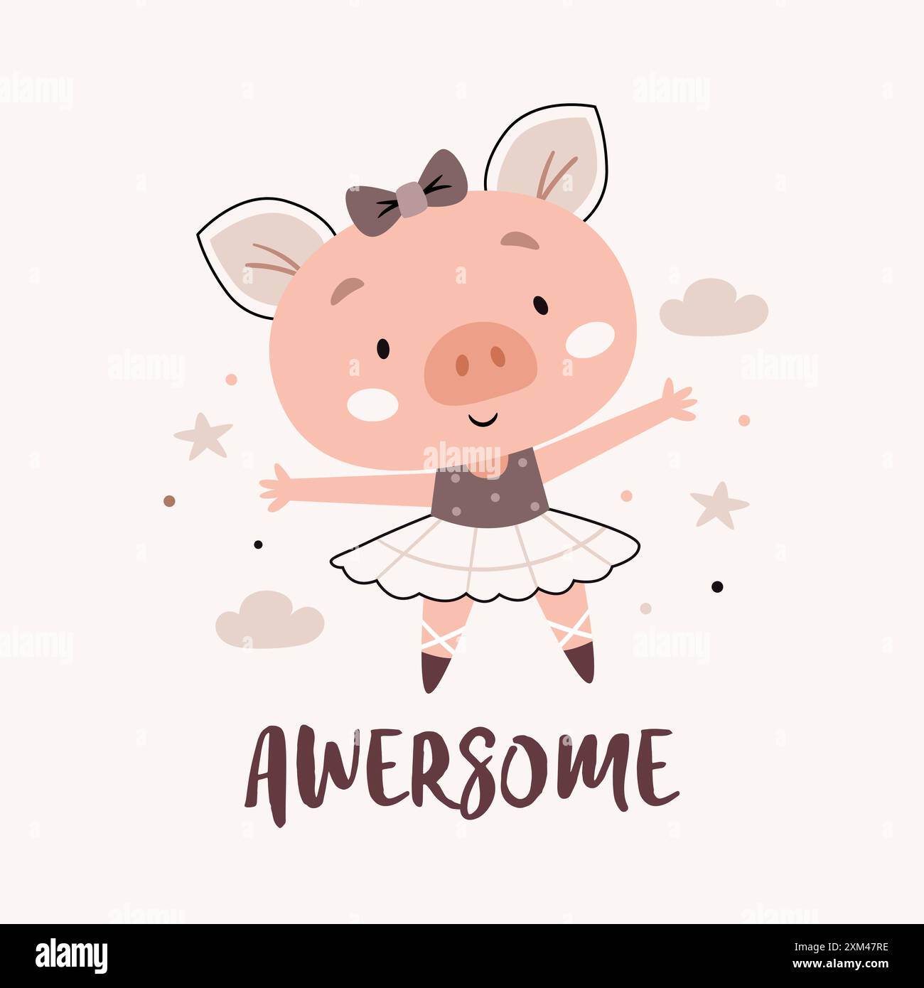 Ballerina pig with a bow. Text. Awesome. Cute cartoon Bohemian ...
