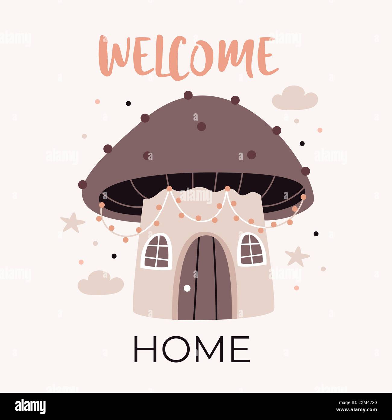 A house in the shape of a mushroom. Text Welcome home. Cute cartoon ...