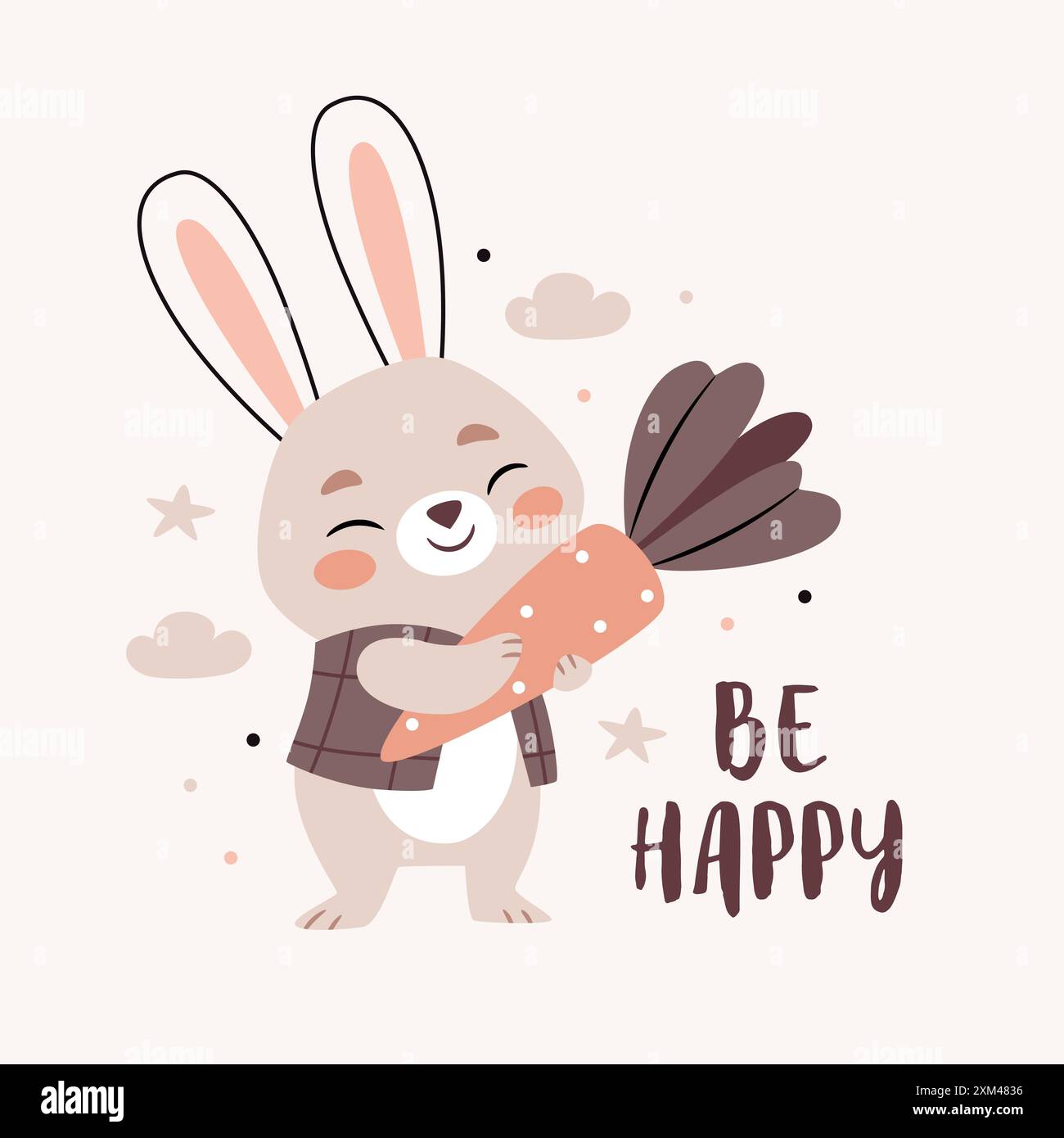 A hare hugs a carrot.Text Be happy. Cute cartoon Bohemian Scandi ...