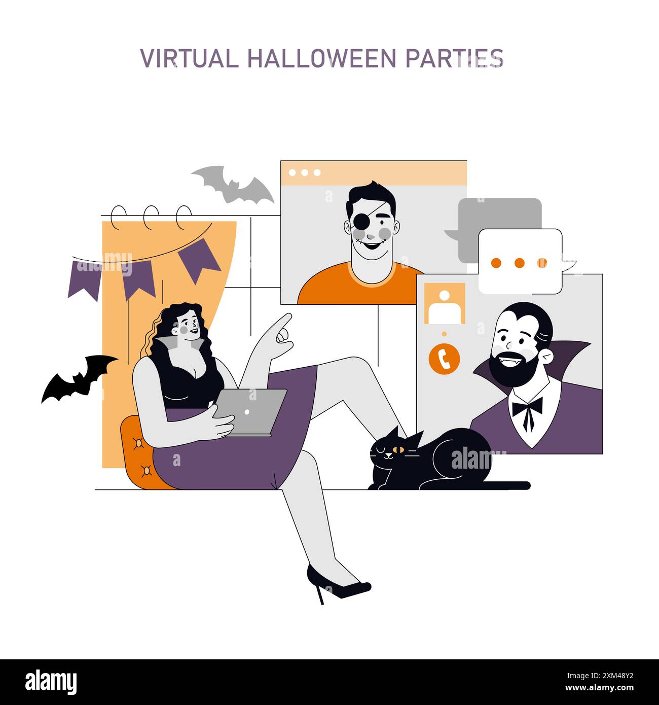 Halloween party concept. Friends celebrate via video call with festive ...