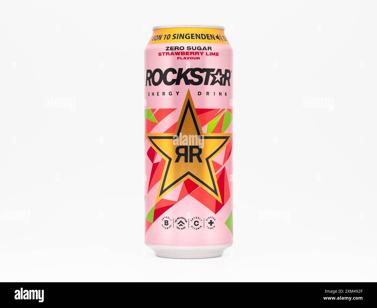 Rockstar Energy Drink Strawberry Lime flavour can. The beverage is a ...
