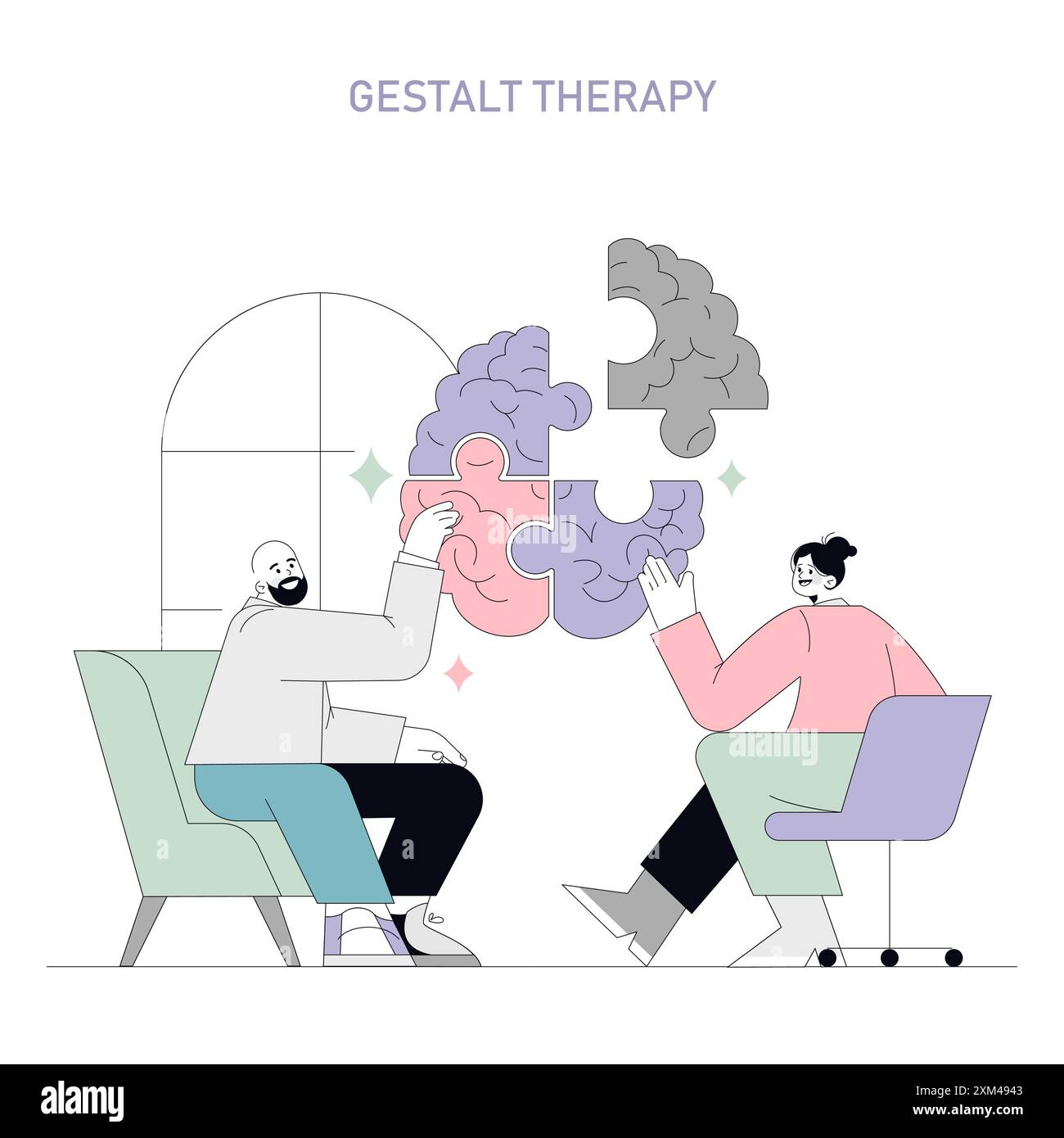 Gestalt therapy concept. Two individuals collaboratively connect puzzle ...