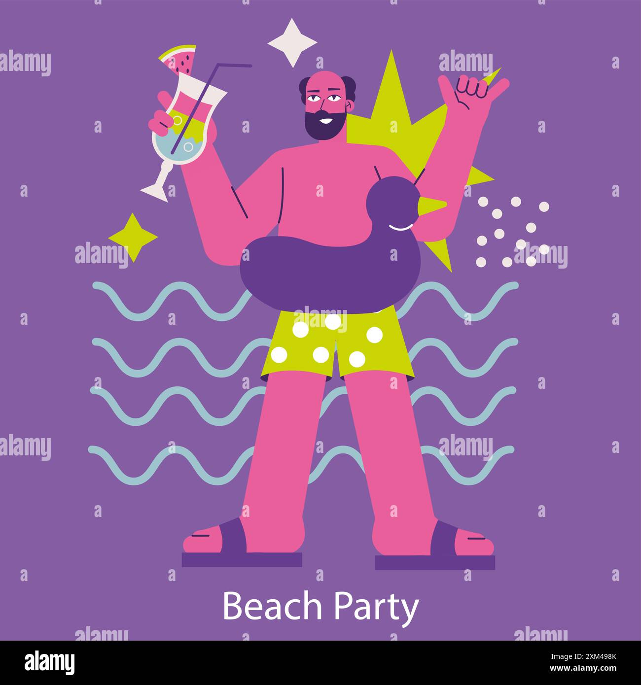 Beach Party concept. Man with a festive drink enjoying a summer party ...