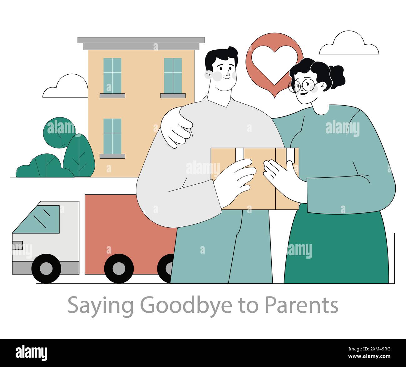 Farewell moment illustration. Adult child leaving home with parents ...