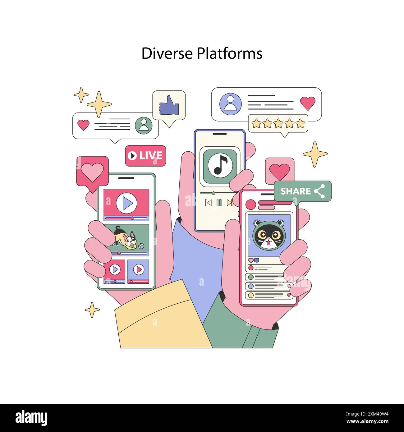 Social Influencers concept. Hands holding smartphones showcasing ...