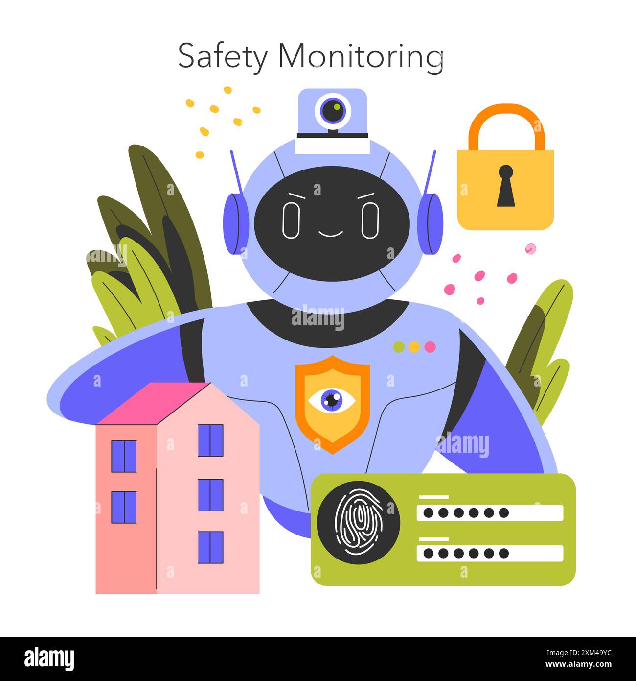 Robot Assistant concept. A friendly automaton ensuring home safety, with security cameras ...