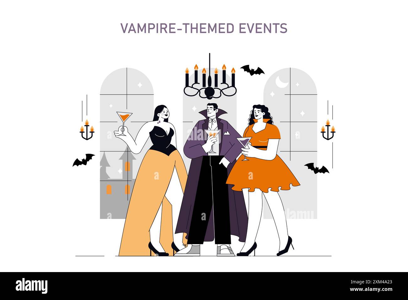 Halloween party scene with elegant vampires socializing amid Gothic ...