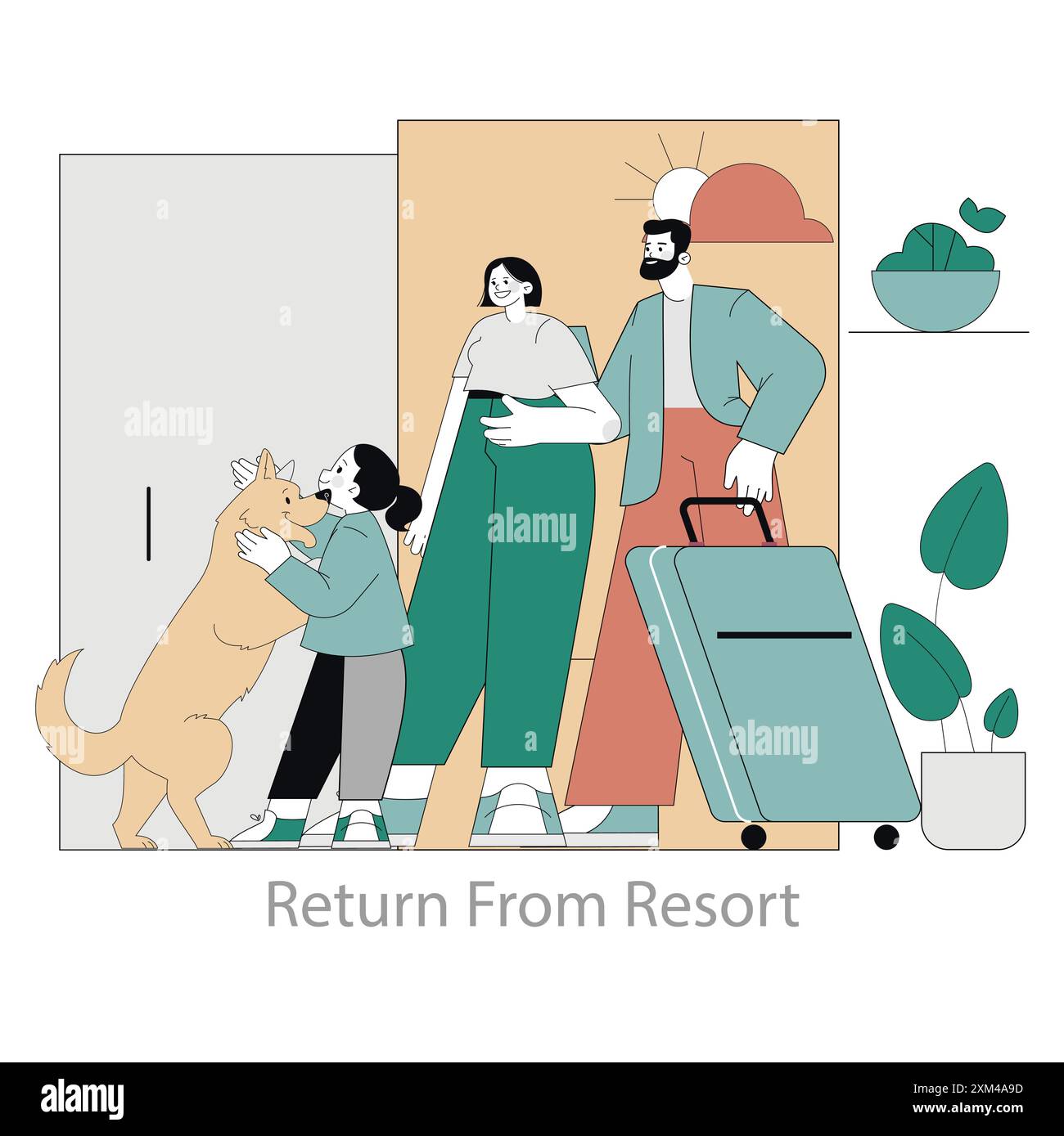 Family Reunited with Pet after Vacation concept. Joyful greeting as ...