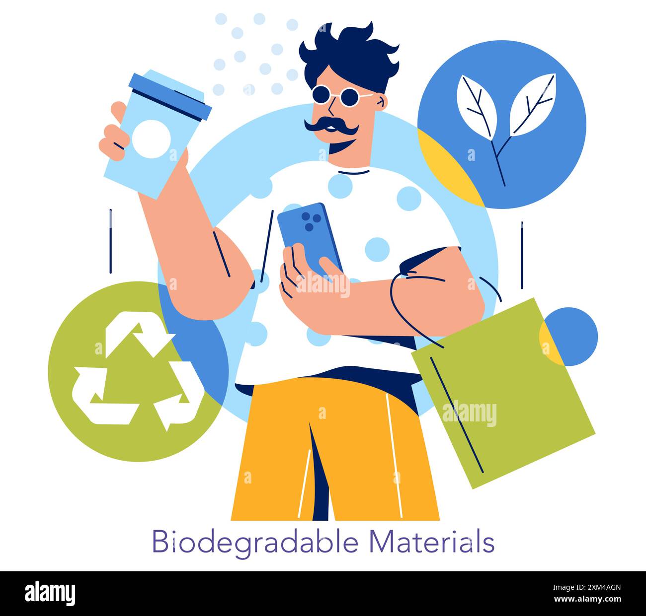 Circular Economy concept. Man uses sustainable products, embracing eco-friendly lifestyle ...