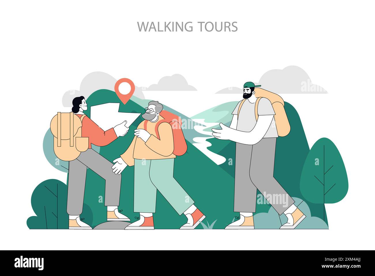 Walking Tours concept. Hikers with backpacks enjoy a scenic trail ...