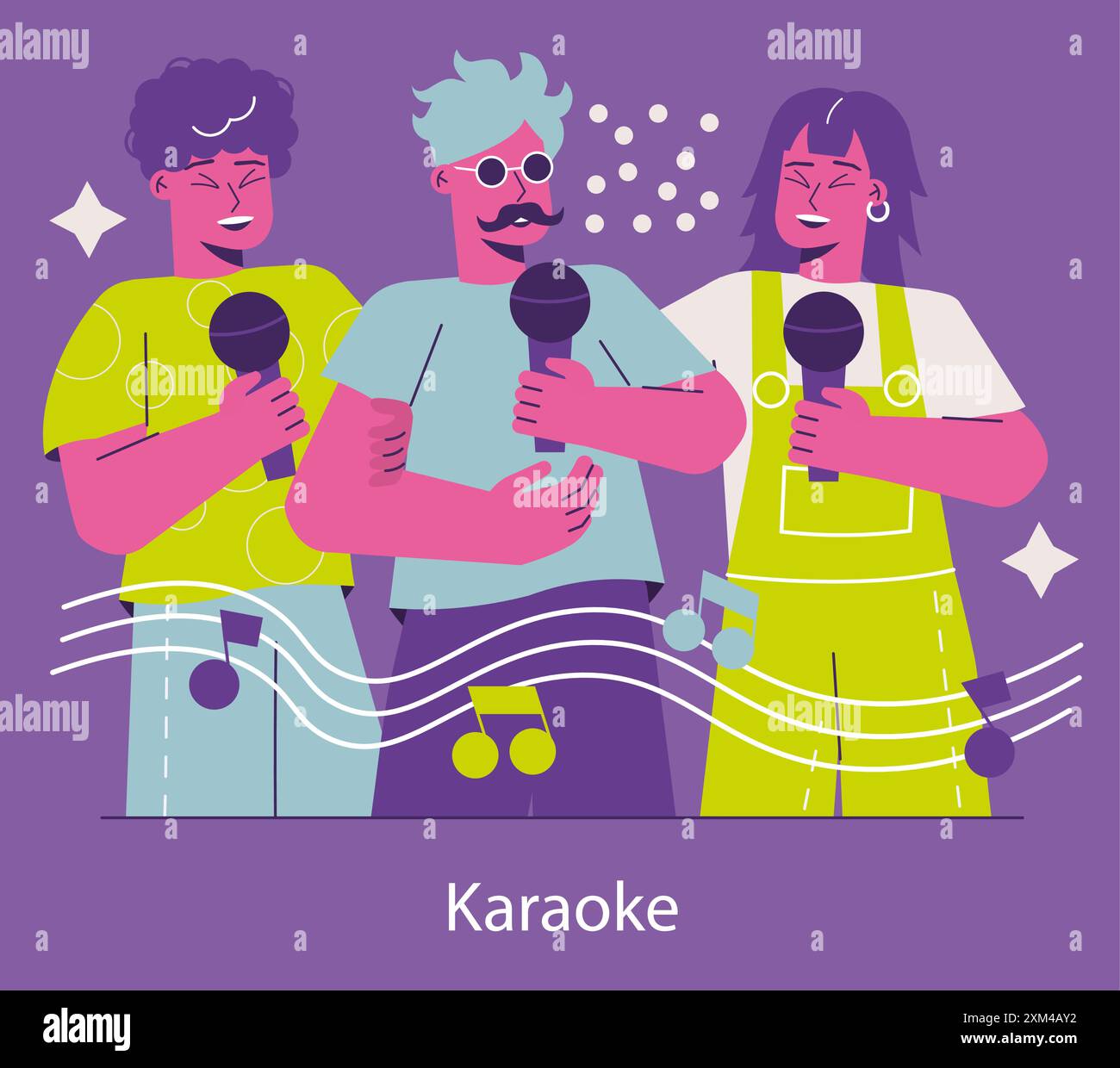 Friends enjoy singing together at a karaoke party, with microphones in ...
