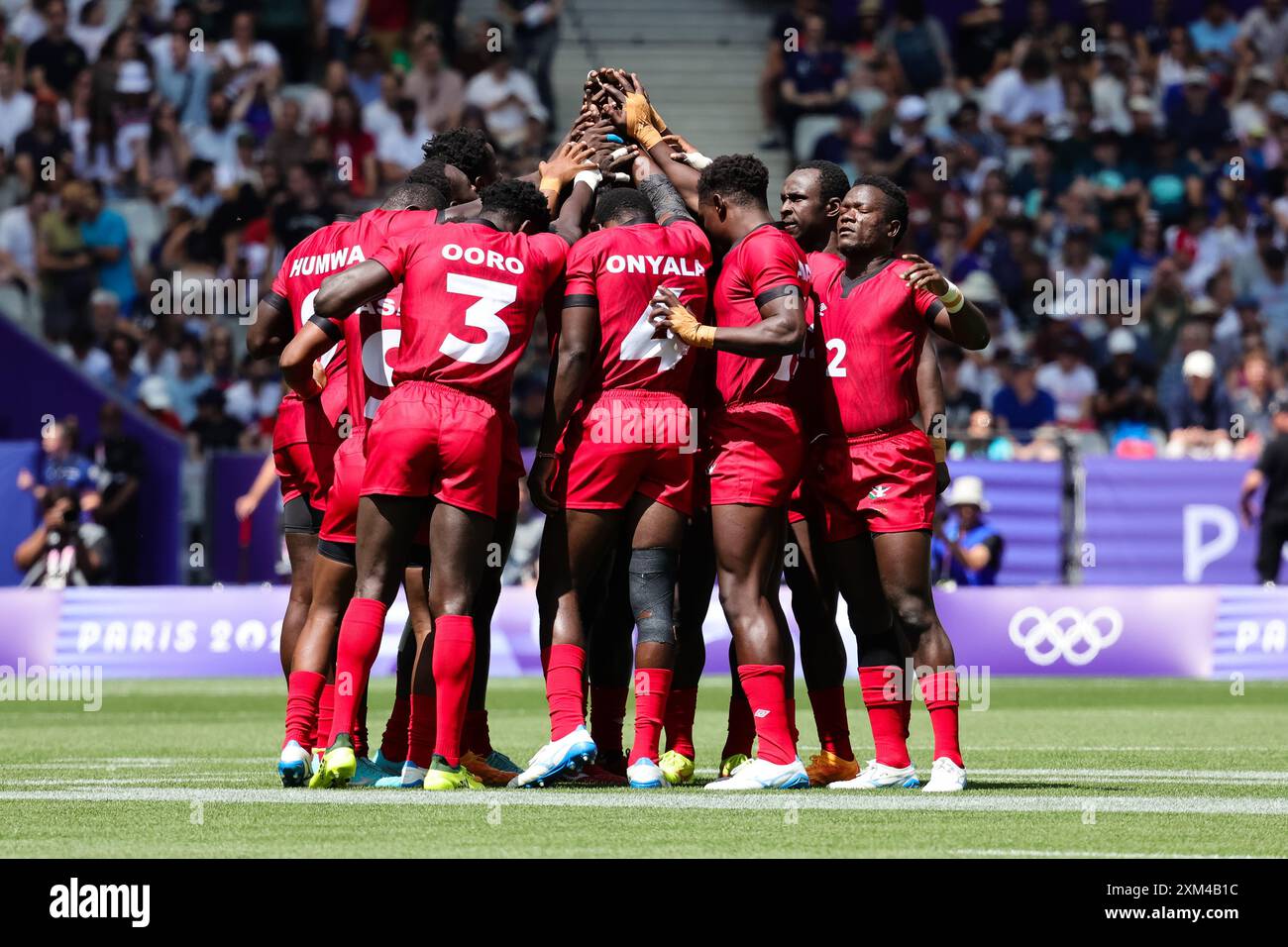 Paris, France, 25 July, 2024. Team Kenya pray during the Paris 2024 Olympic Games Rugby Sevens ...