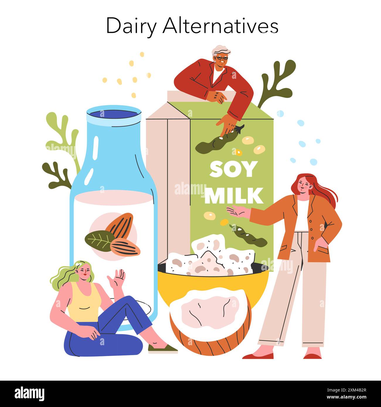 Dairy Alternatives concept. Illustration of soy and almond milk as ...