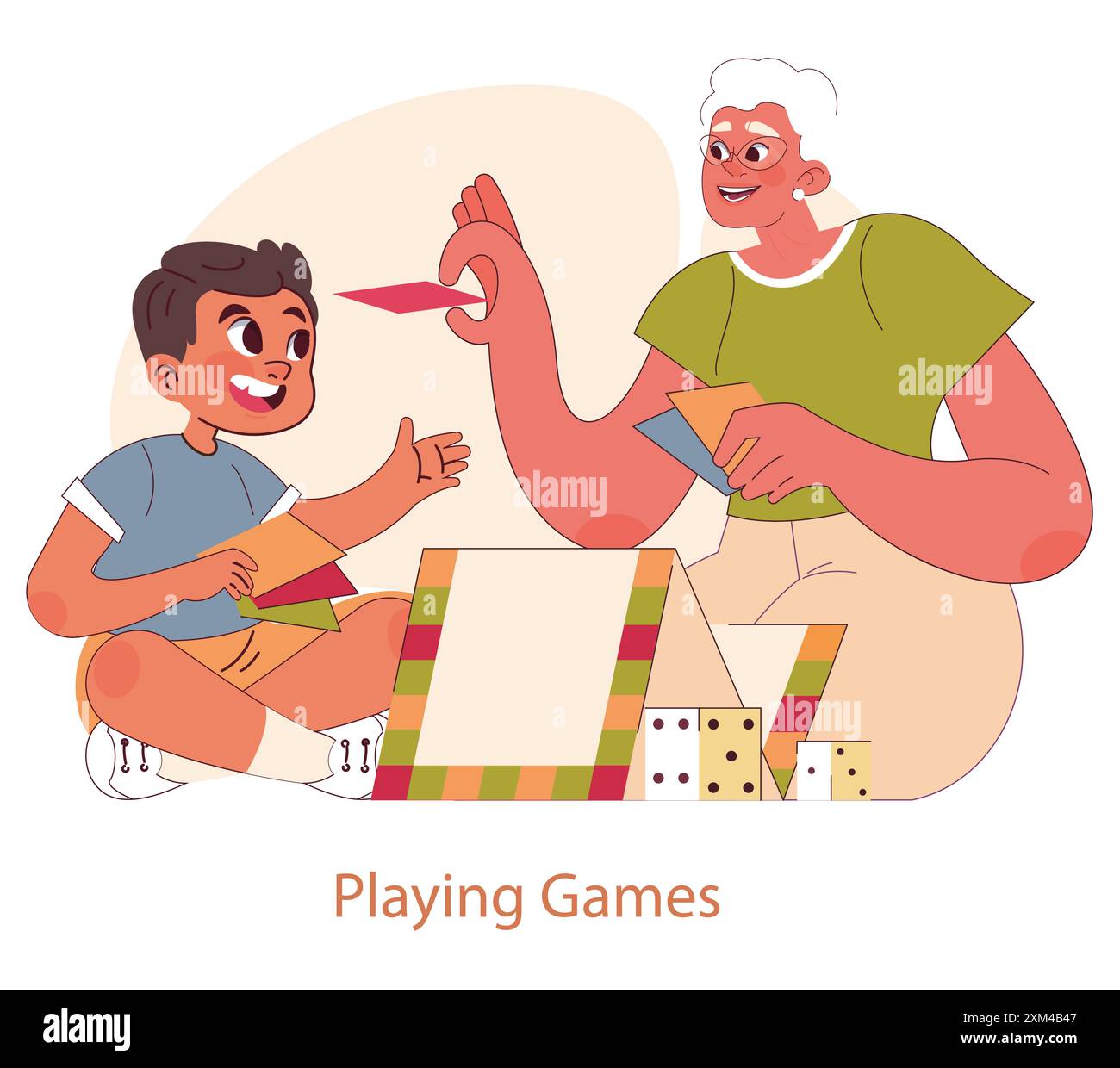 Grandparents Day concept. Cheerful grandparent and child engaged in a fun board game interaction ...