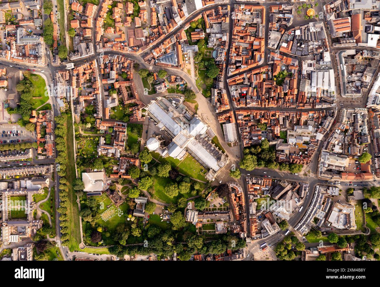 Aerial top down view directly above the North Yorkshire city of York ...