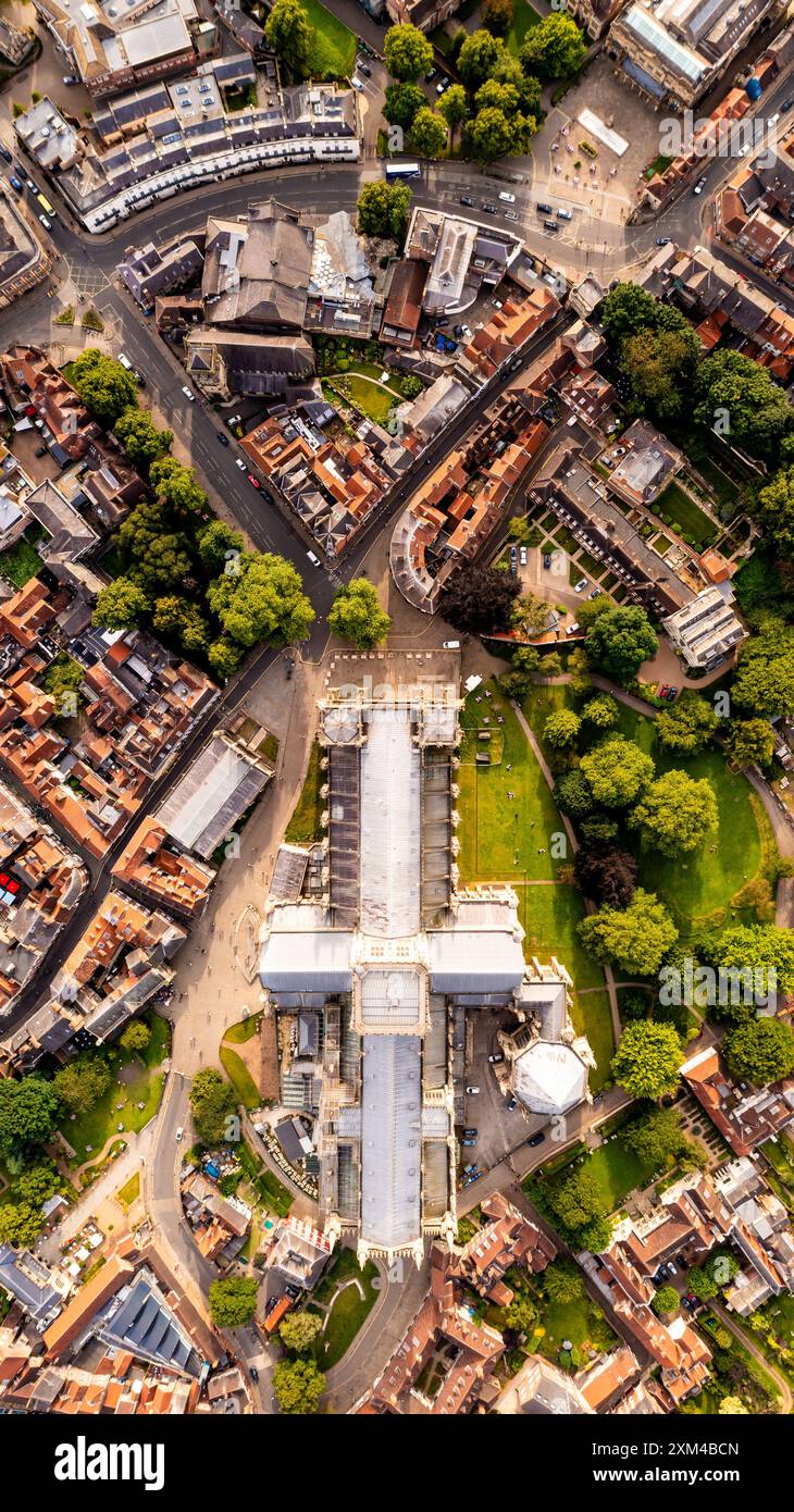 Aerial top down view directly above the North Yorkshire city of York ...