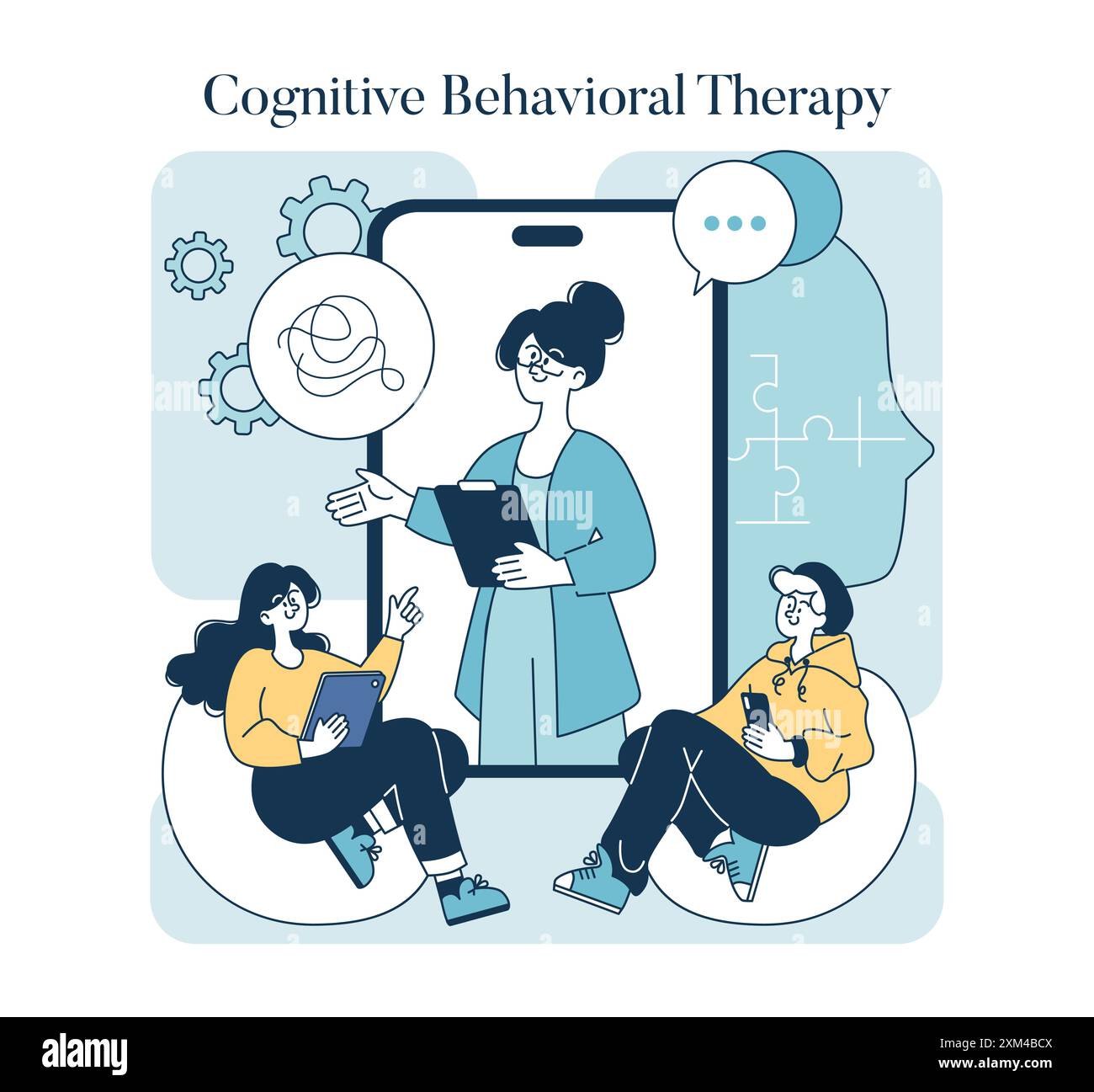 Cognitive Behavioral Therapy concept. Therapist guiding patients ...