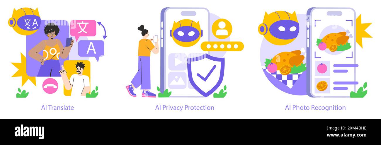 Mobile AI set. Illustration of AI translation, privacy protection, and ...