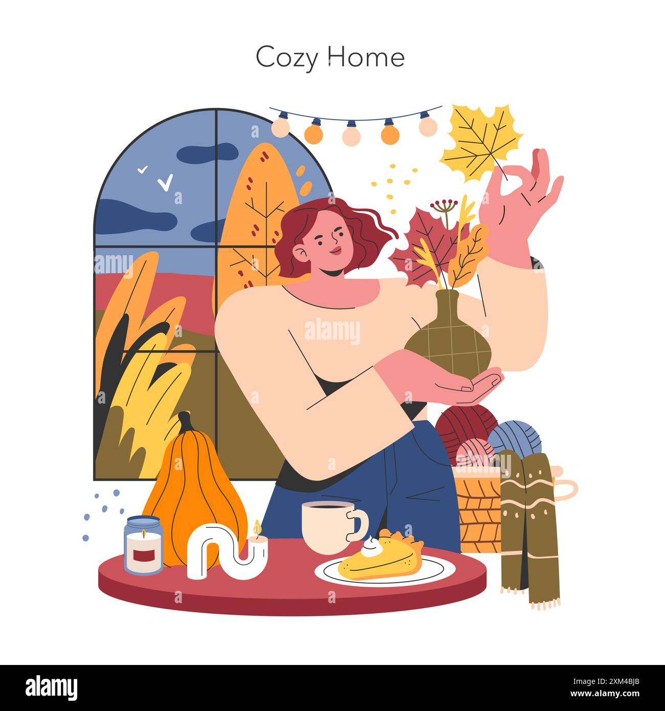 Welcome Fall concept. A person relishes autumn vibes indoors with a ...