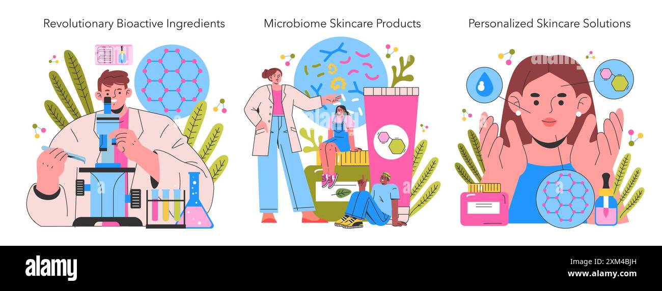 Skincare Innovation set. Scientists developing bioactive ingredients ...