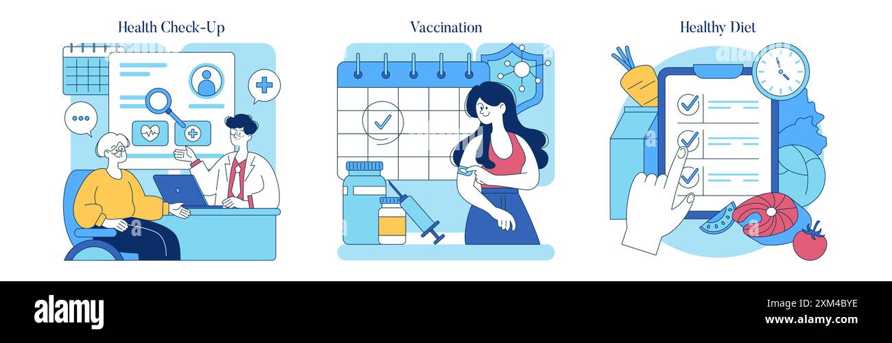 Health Prevention set. Regular medical check-up, vaccination scheduling ...