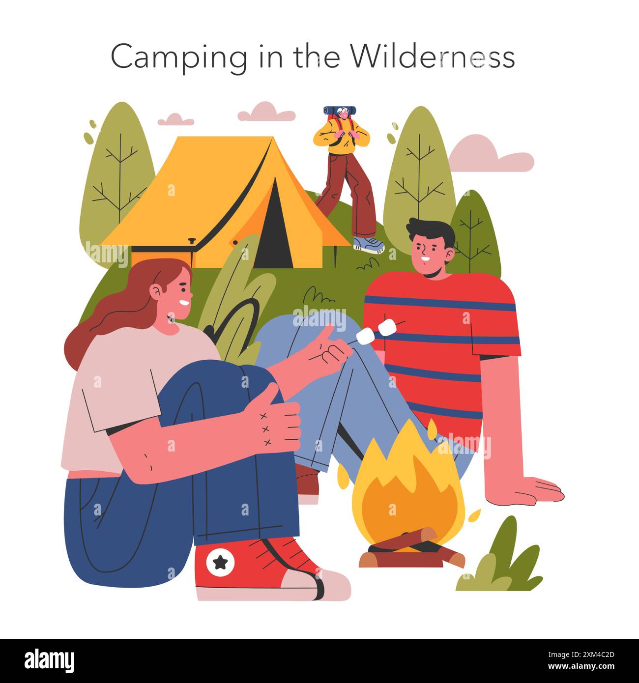 Vacation concept. Friends enjoying a cozy campfire near a tent in a ...