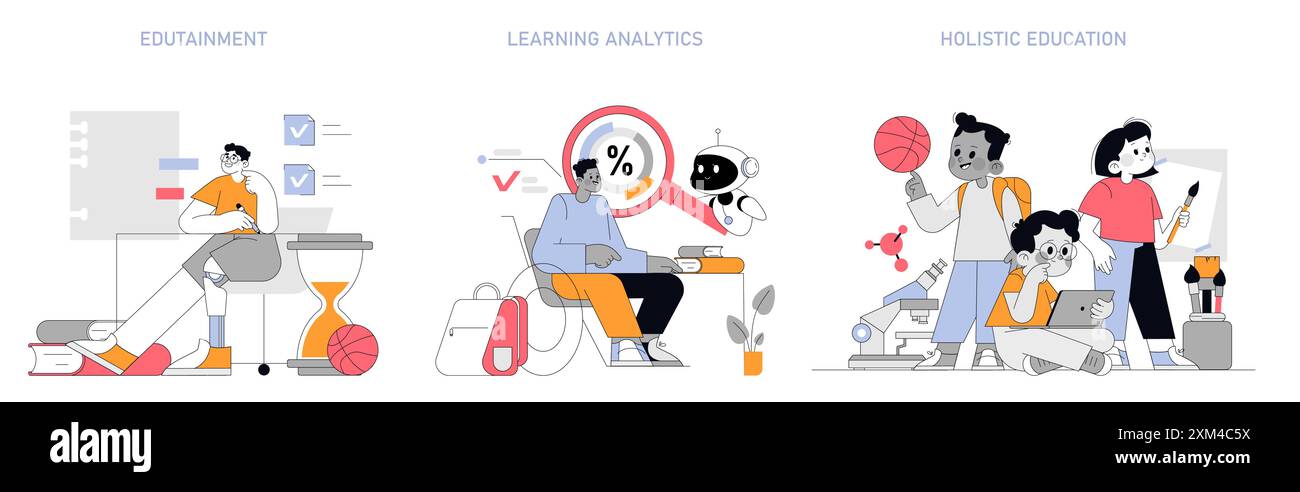 Education concept set. Engaging edutainment, precise learning analytics ...