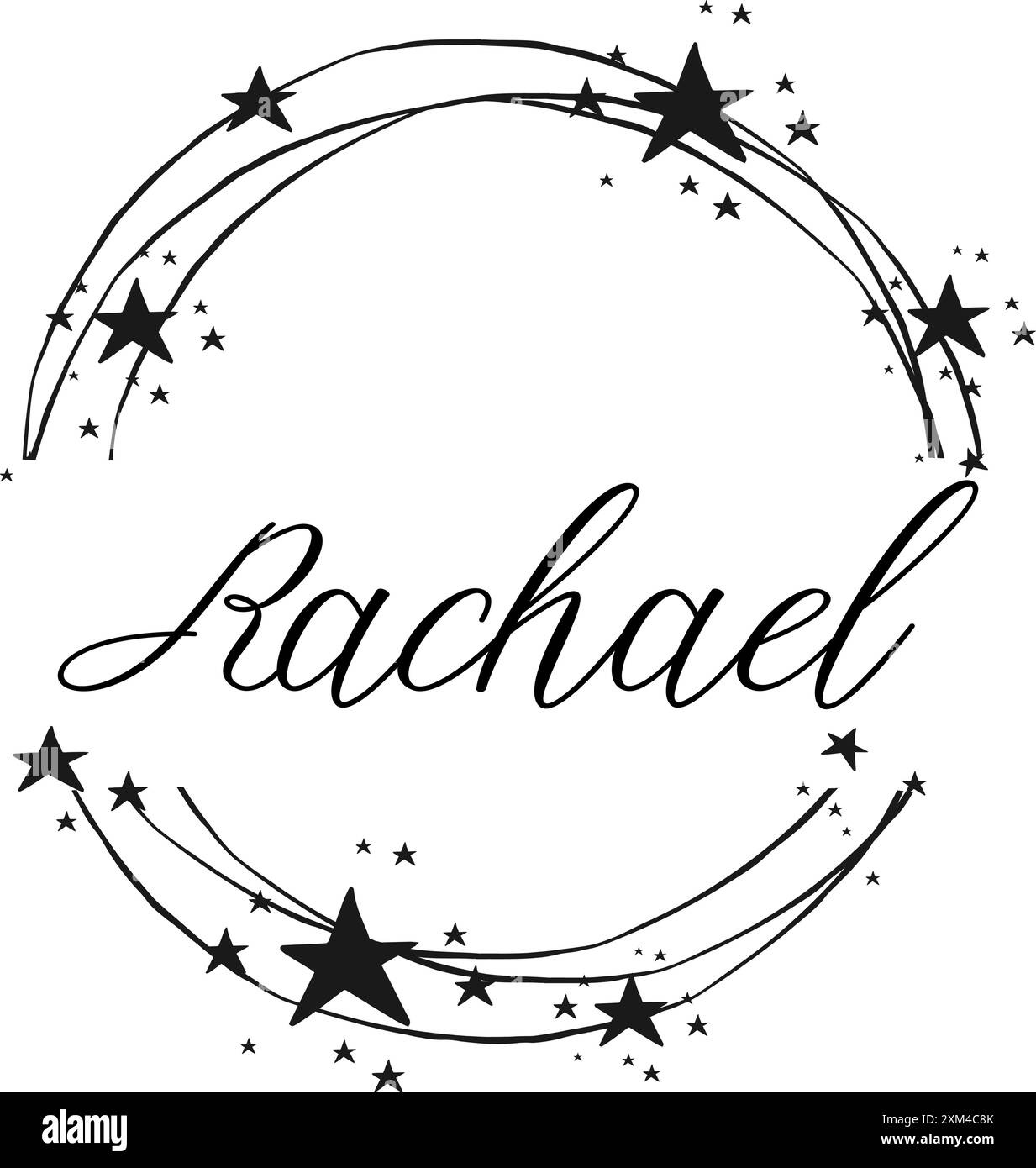Rachael - name written between circles and stars, round logo, vector ...