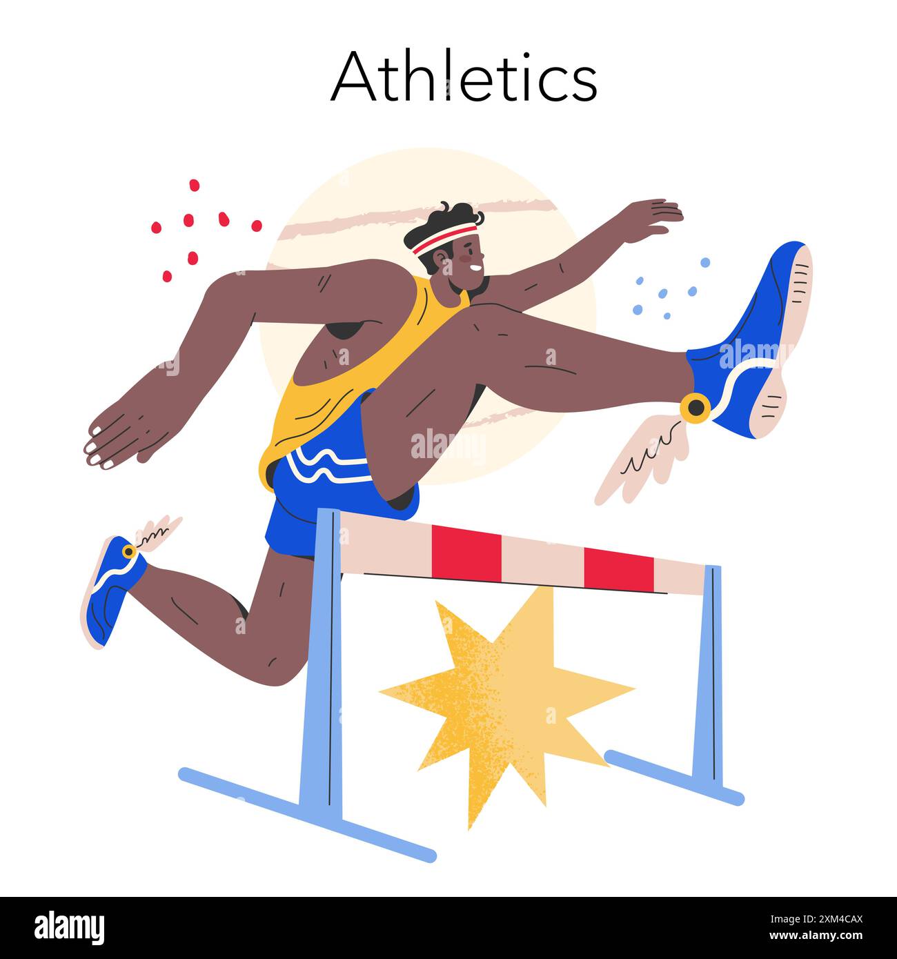Olympic Games concept. An athlete in mid-action hurdling over a barrier ...