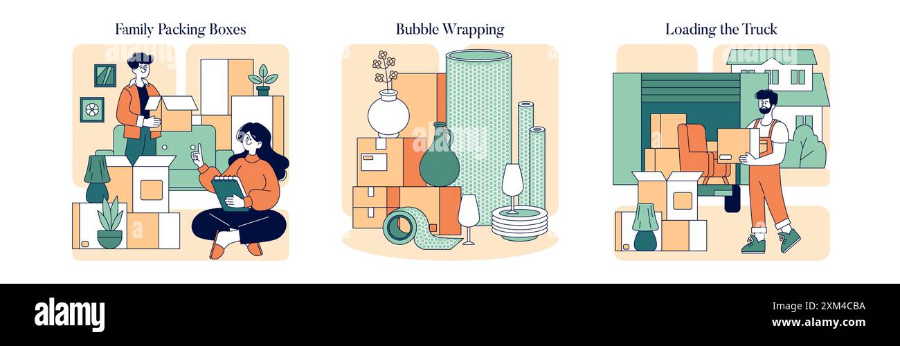 Relocation process set. Family organizing belongings, securely bubble ...