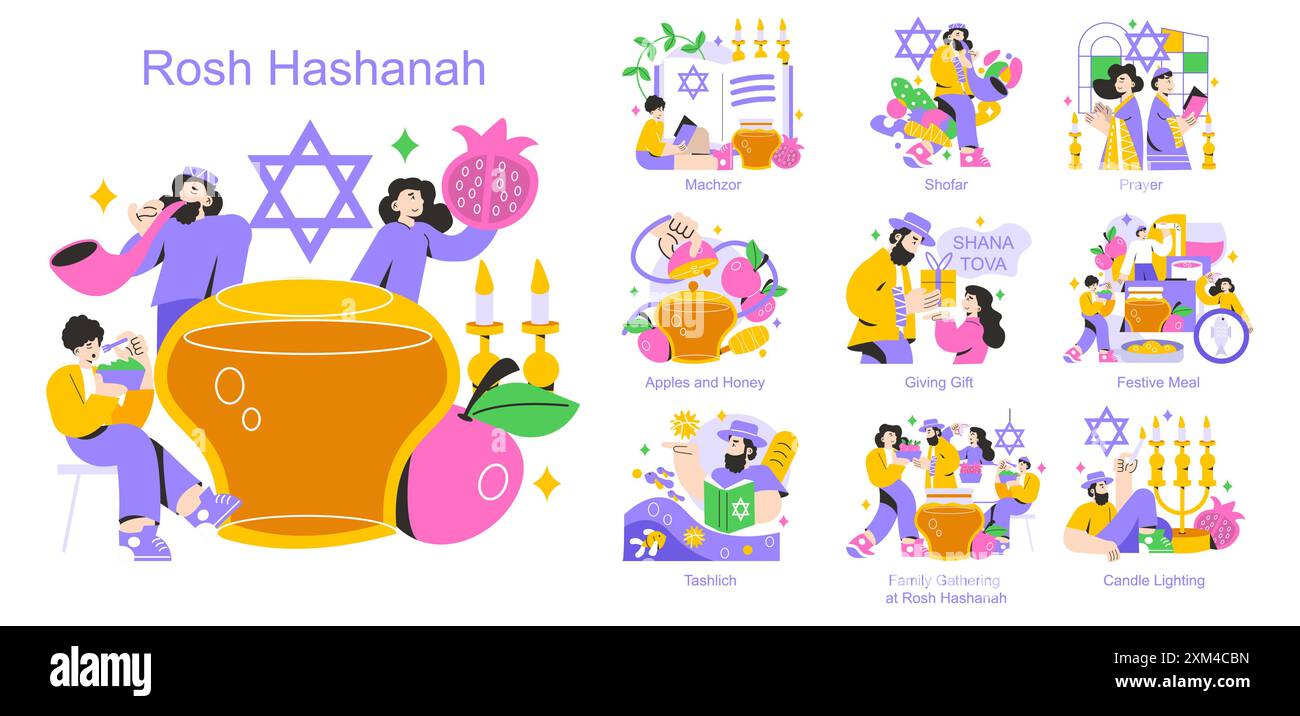 Rosh Hashanah set. Jewish New Year traditions with shofar blowing ...