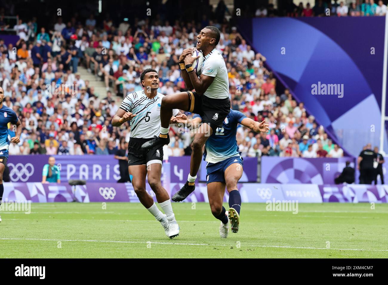 Paris, France, 25 July, 2024. Fijian player catches a high ball during ...