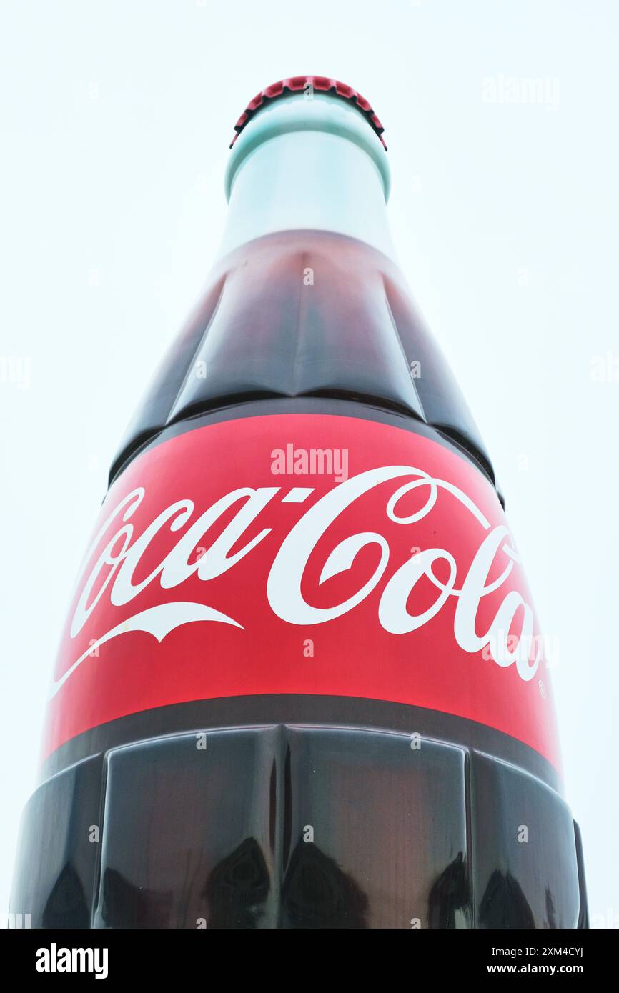 View of the giant, large, fake, symbolic Coca Cola bottle at the front ...