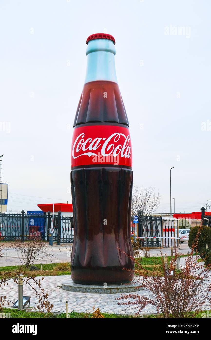View of the giant, large, fake, symbolic Coca Cola bottle at the front ...