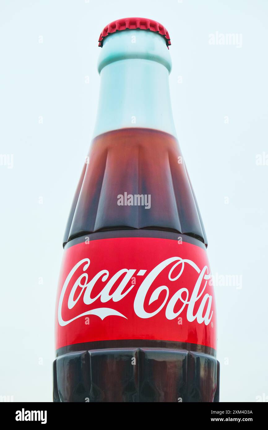 View of the giant, large, fake, symbolic Coca Cola bottle at the front ...