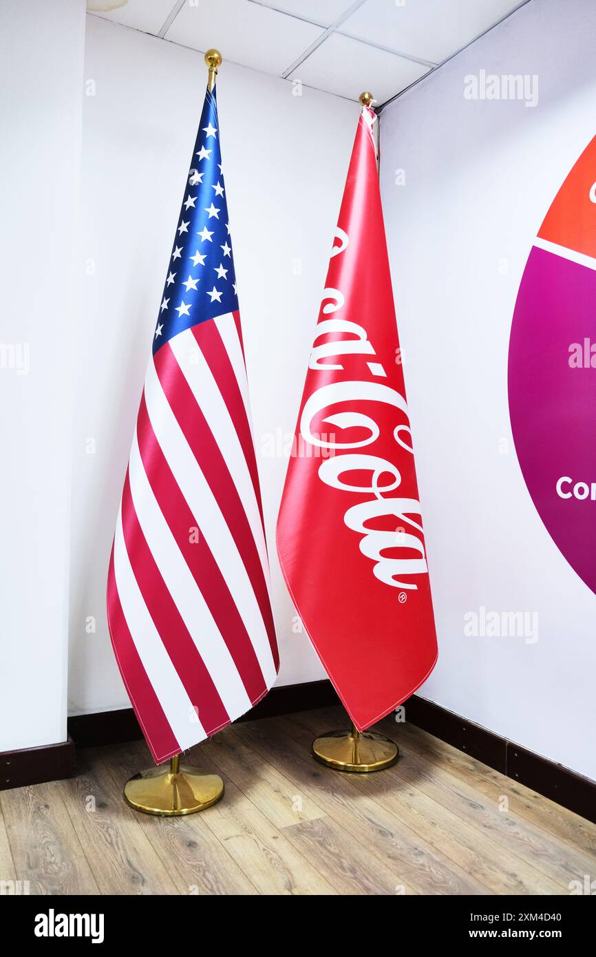 Two flags side by side, the USA and Coca Cola flags. At the CCI Coca ...