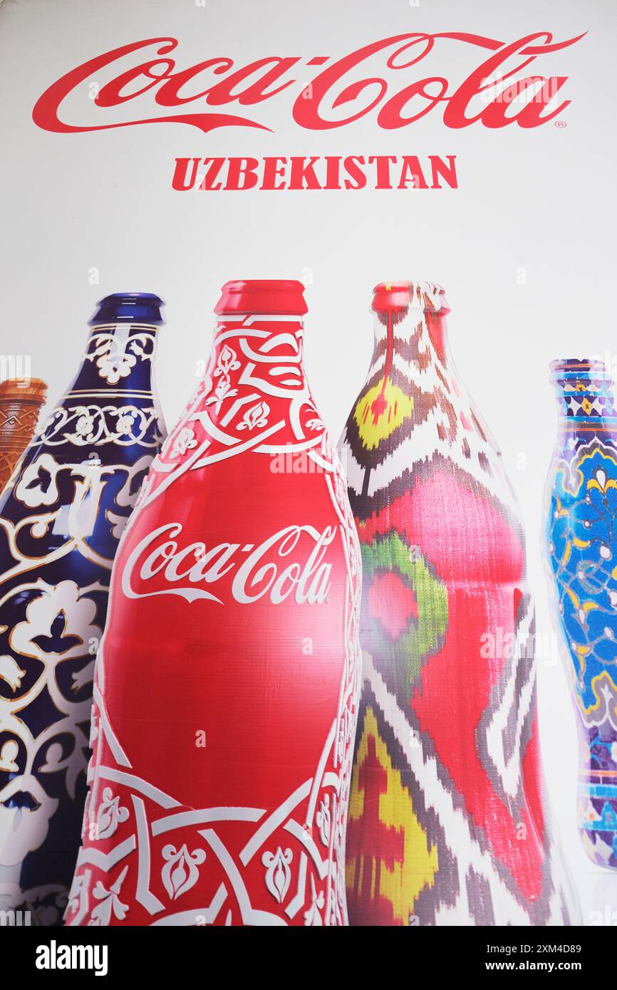 Poster of the iconic Coca Cola bottle with various Uzbek designs ...
