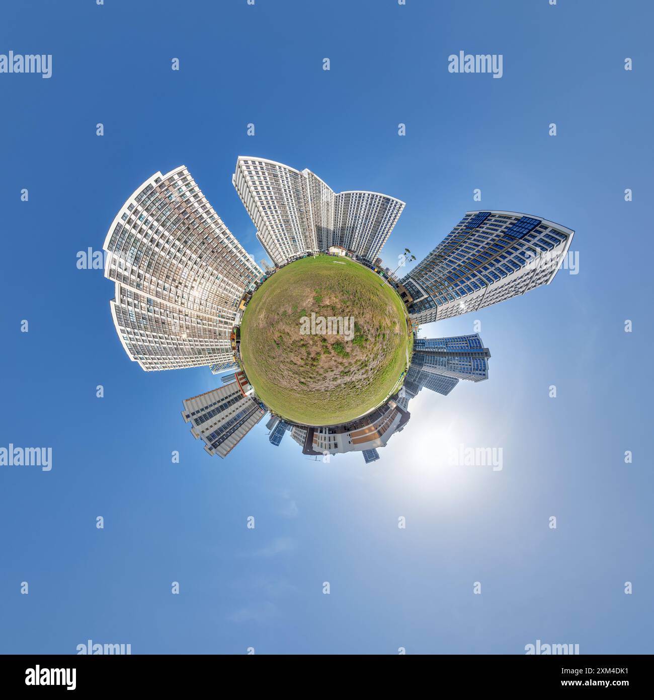 abstract swirling tiny planet spherical panorama of multi-storey ...