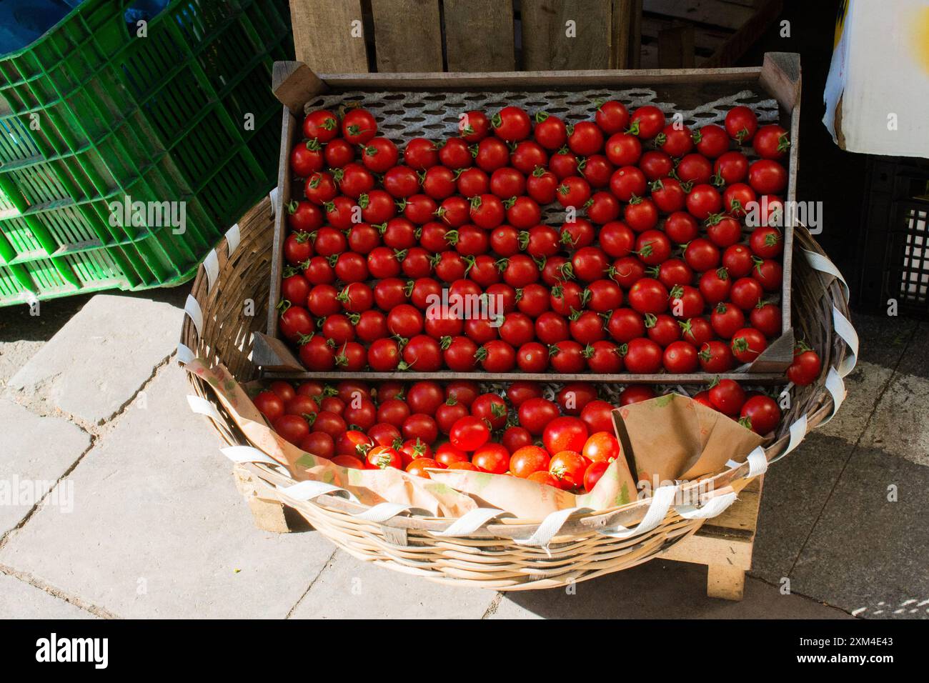 Fresh tomatoin crates at grocery store for food backgrounds concept ...