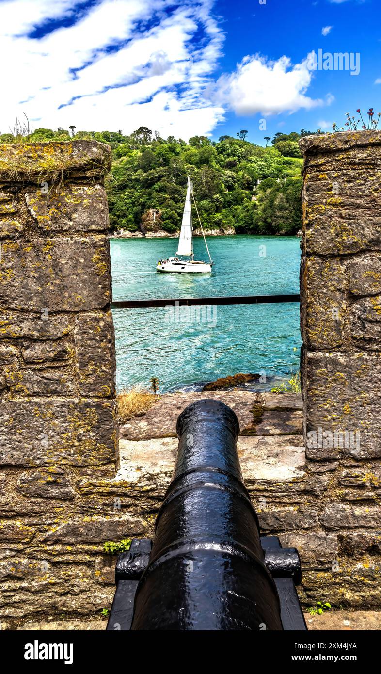 Colorful Cannon Castle Dartmouth Sailboat Devon England. Castle ...