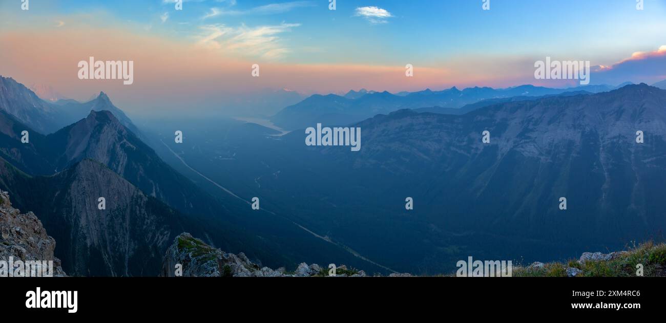 Aerial Panoramic Landscape View Wildfire Smoke Ash over Kananskis ...