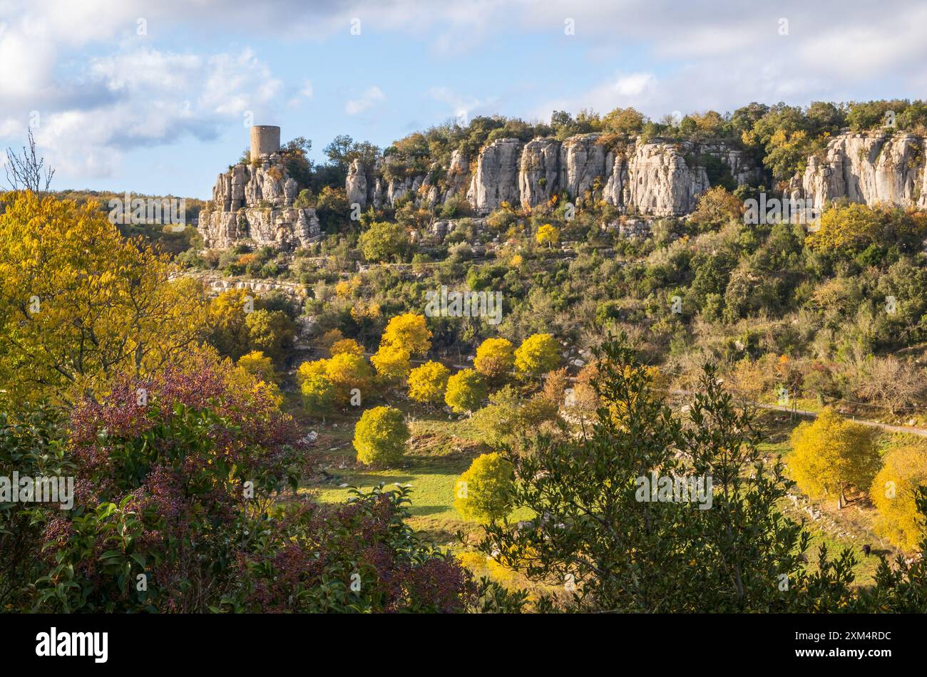 Landscape view over the rocky cliffs from Balazuc village in Southern ...