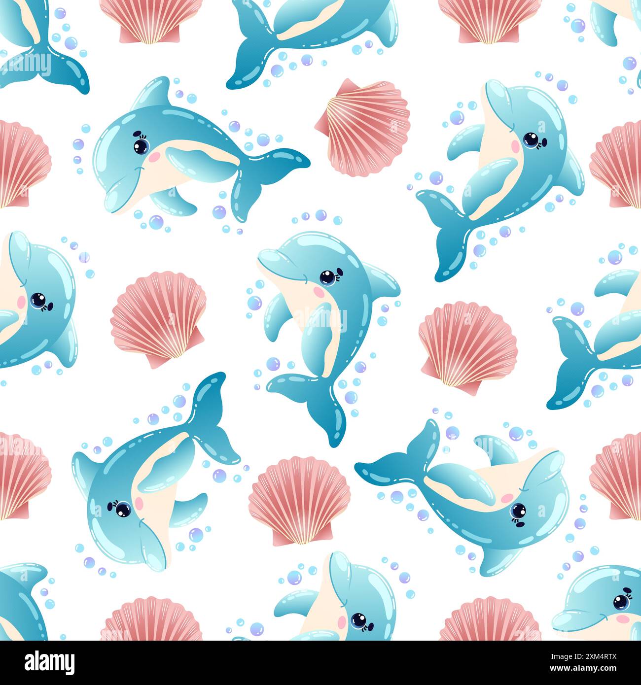 Children's seamless pattern with cute smiling dolphin with bubbles and ...