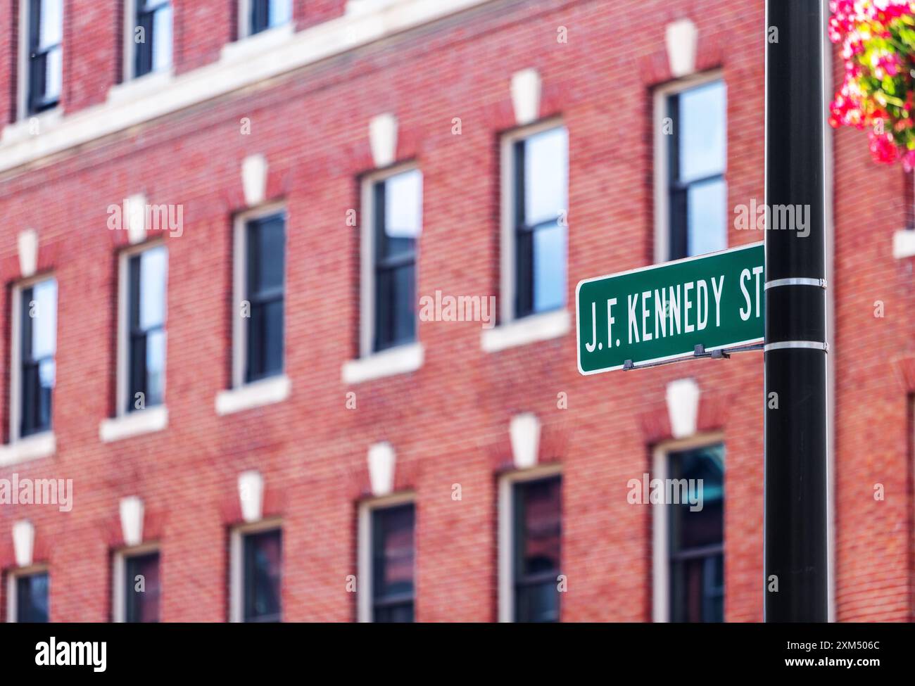 Close-up of John F. Kennedy Street sign for JFK Street in Harvard ...
