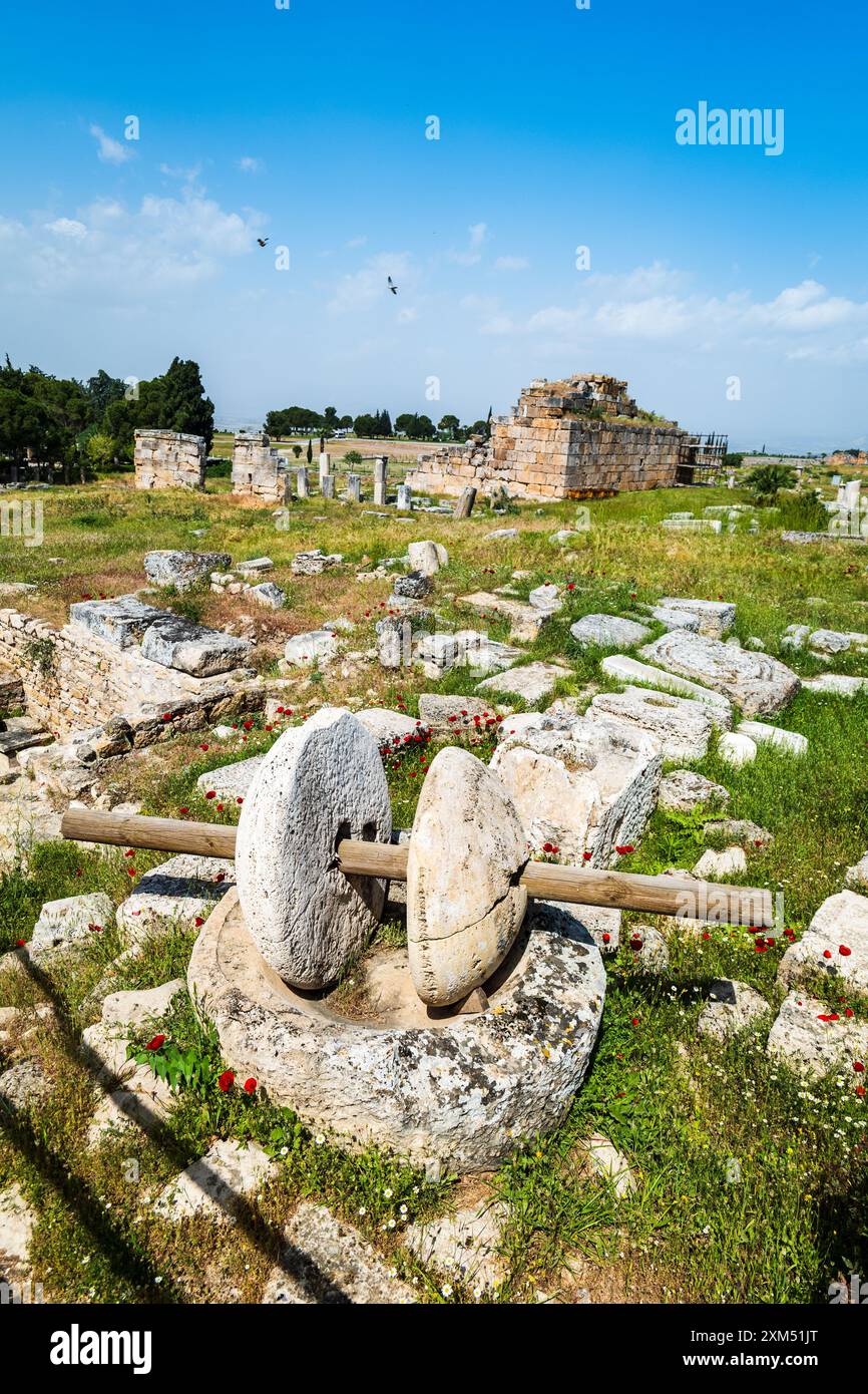Ancient stone olive oil press in an ancient Greek archaeological site ...