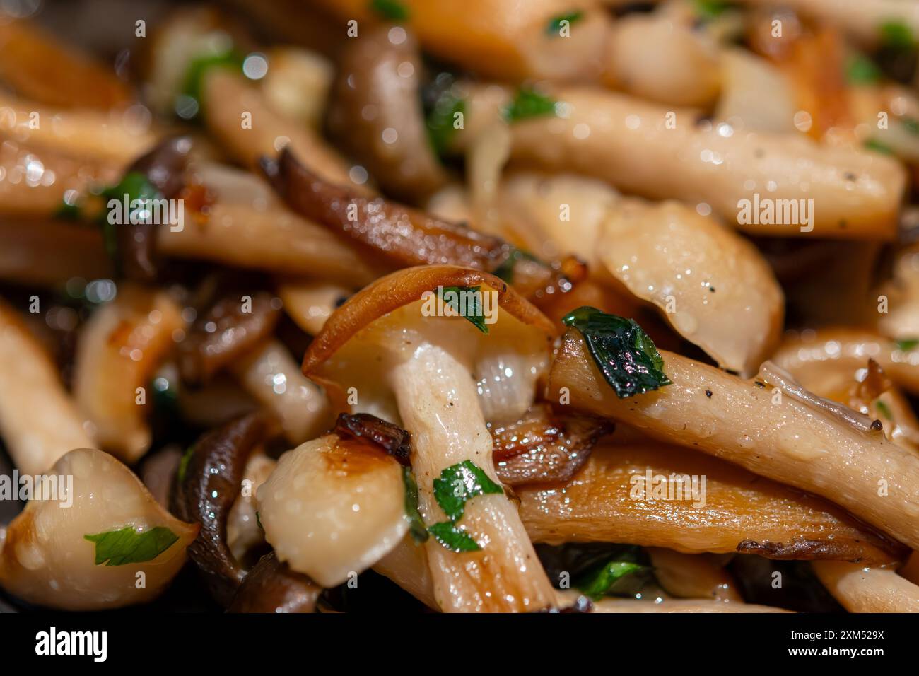 Roasted with onion white and brown shimeji edible mushrooms native to ...