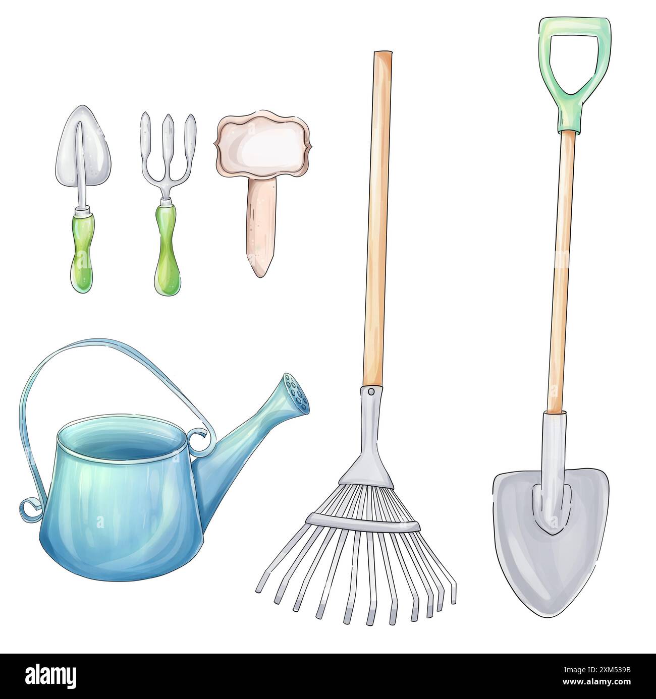 Watercolor garden tools clipart. Set of inventory for gardener ...