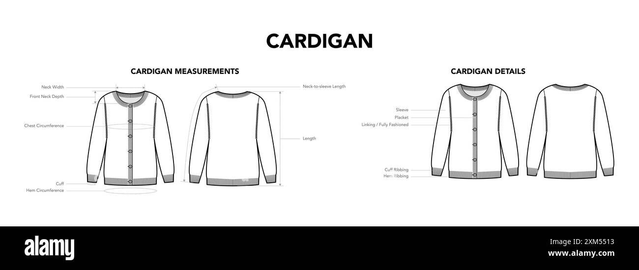 Cardigan details and measurements diagram sweater with names line style ...